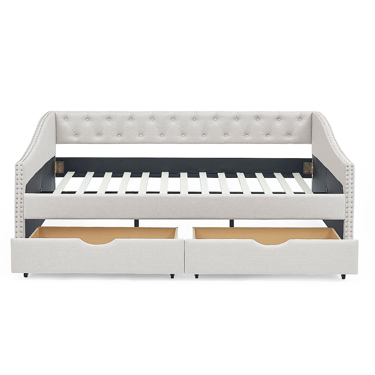 OMGO Upholstered Full Size Daybed with Two Storage Trundle Drawers, Solid Wooden Sofa Bed Frame w/Button Tufted Backrest, No Box Spring Needed, for Kids, Bedroom, Dorm