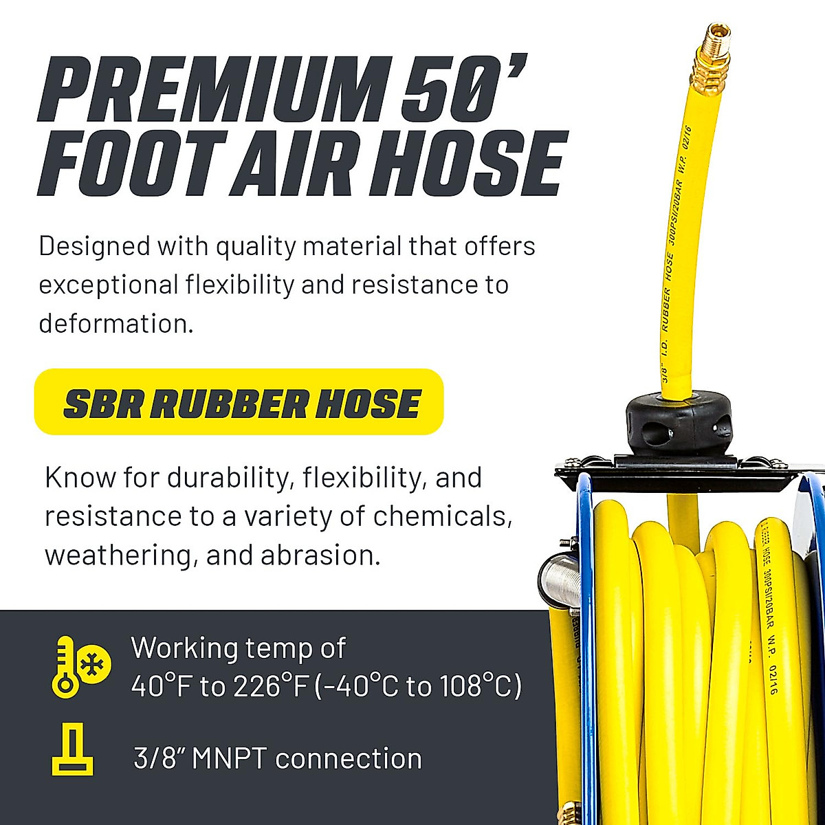 Goodyear Air Hose Reel Retractable 3/8" Inch x 50' Foot SBR Rubber Hose Max 300PSI Heavy Duty Industrial Steel Single Arm Construction