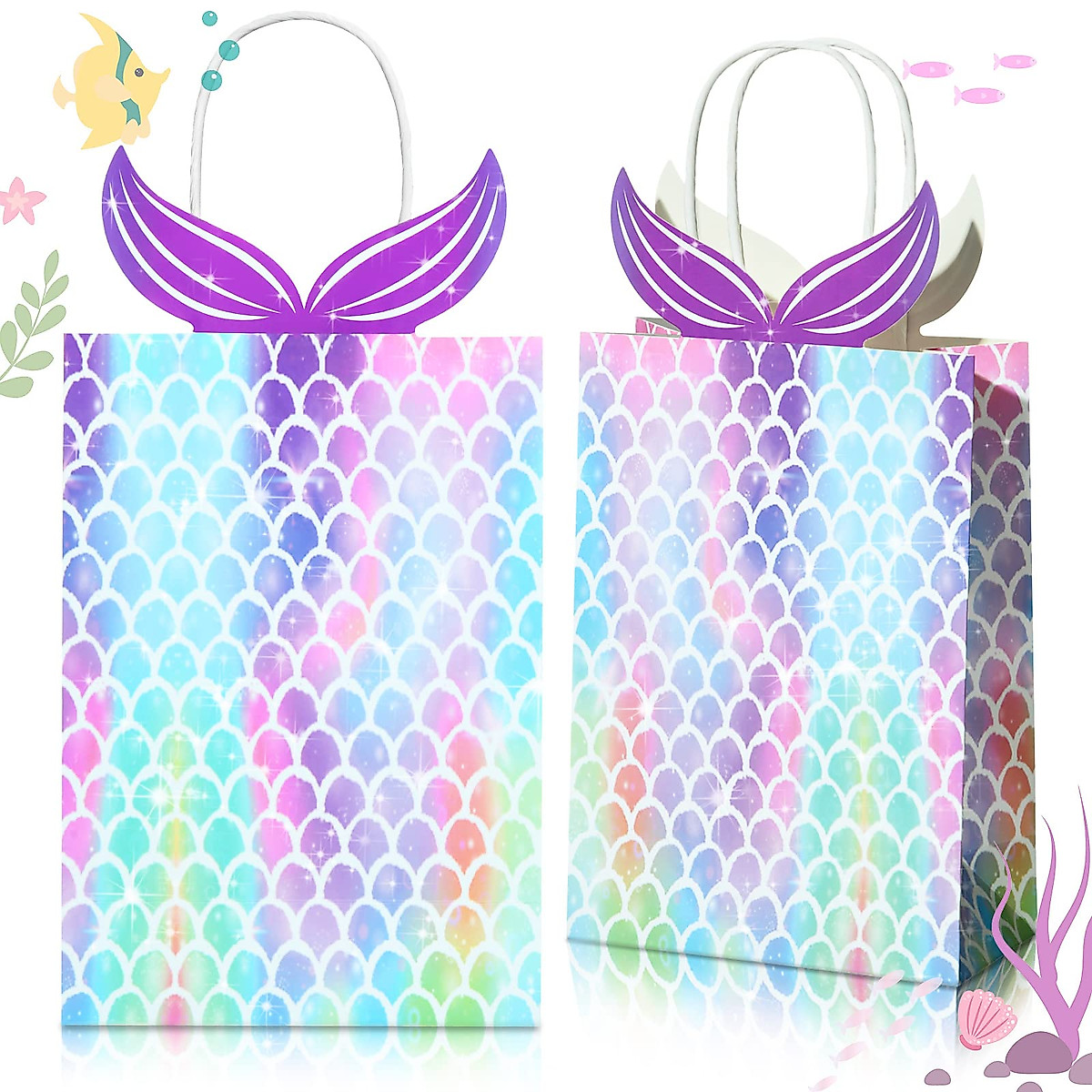 Mermaid Gift Bags Mermaid Party Favors Bags Mermaid Goodie Candy Treat Bags Mermaid Party Supplies Mermaid Bags with Handle for Girls Birthday Baby Shower Little Decorations(24 Pieces)