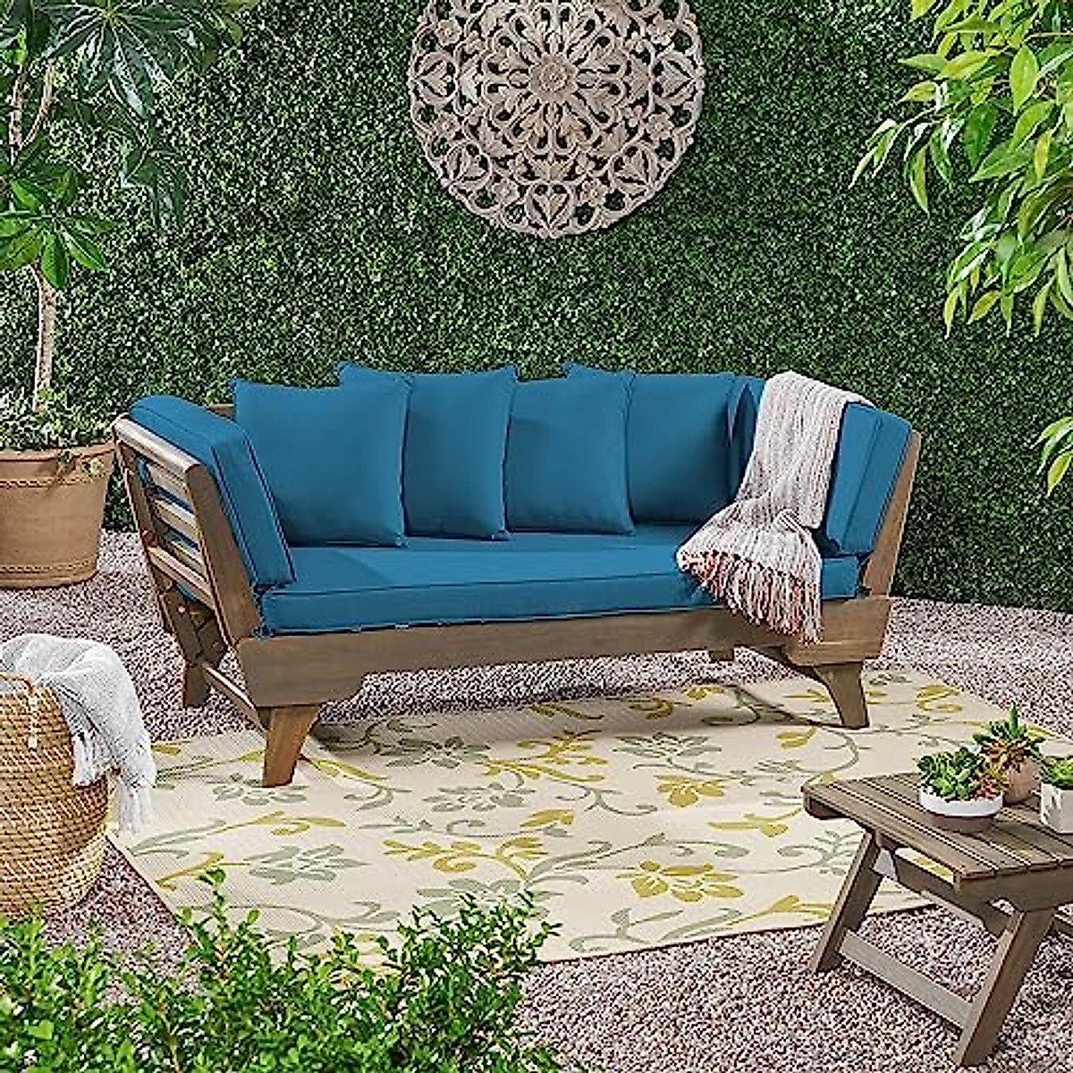 Christopher Knight Home Aldrich Outdoor Acacia Wood Expandable Daybed with Water Resistant Cushions, Dark Teal and Gray