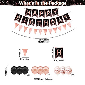 225 PCS Black and Rose Gold Party Decoration Black Rose Gold Dinnerware Set Rose Gold & Black Party Supplies Rose Gold and Black Birthday Party Supplies-Plates, Banners, Balloons, Tablecloth Serves 20