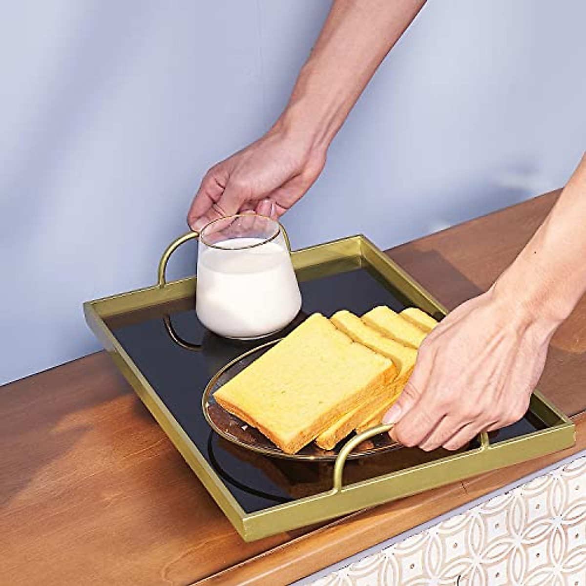 eodme Black Serving Trays Set of 2, Rectangle Glass Ottoman Tray with Metal Handle, Decorative Tray for Living Room Coffee Table 19.7''&15.7''