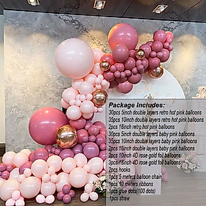 Pink Balloons Arch Kit 141pcs Double Stuffed Rose Red Pastel Pink Balloons Garland Kit with Rose Gold 4D Balloons for Princess Baby Shower Wedding Birthday Party Decorations Supplies