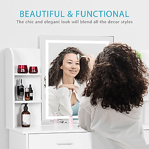 VIVOHOME Makeup Vanity Set with 10 Dimmable LED Bulbs, Dressing Table with 360° Rotating Lighted Mirror and Cushioned Stool, Black