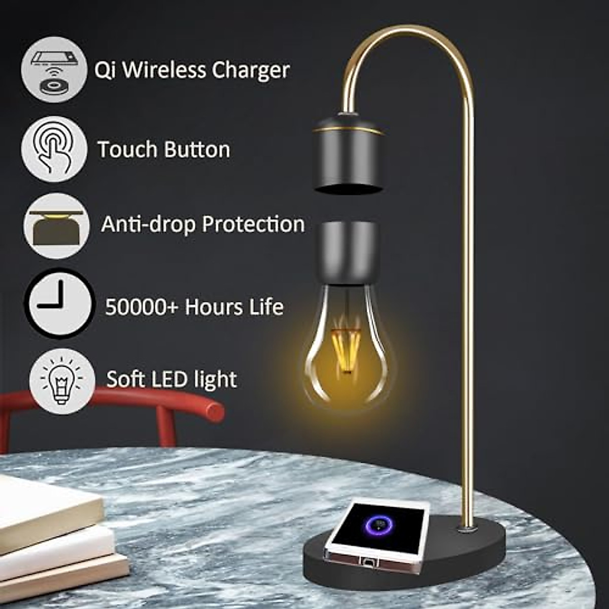 FloatGo Levitating Bulb Lamp with Wireless Charger for Smart Phones Apple Android Magnetic Levitation LED Night Light Gold Floating Desk Toys Love Family Office Gift Home Decor