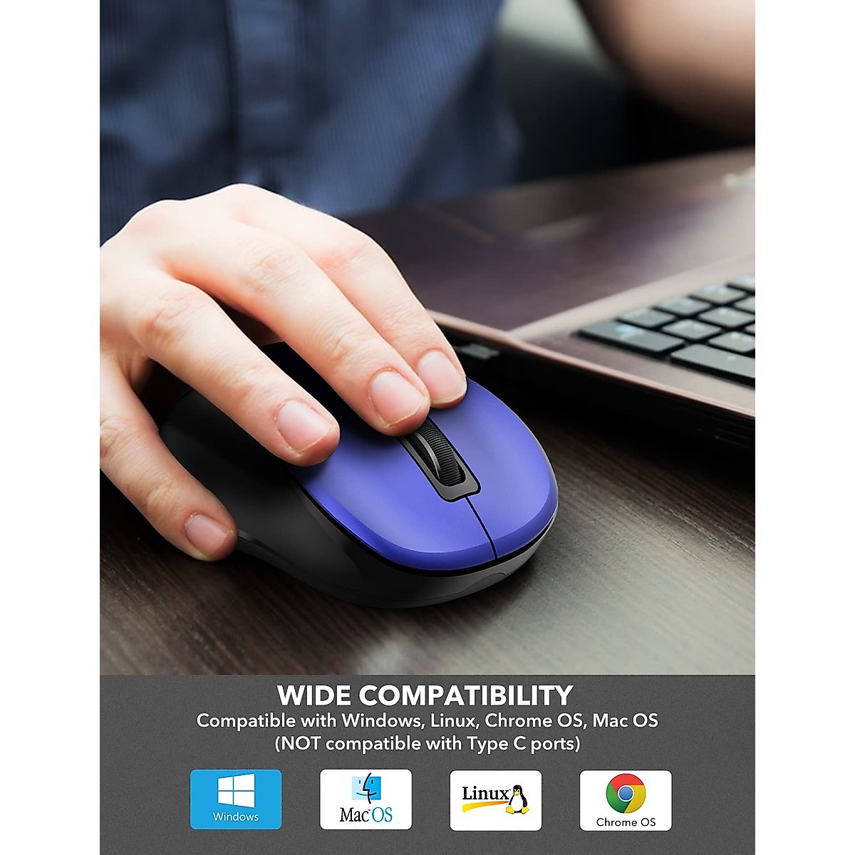 Trueque Wireless Mouse for Laptop, 2.4GHz Ergonomic Computer Mouse with Back & Forward Buttons, 3-Level DPI, 6 Buttons, Optical USB Cordless Mice for Windows Chromebook MacBook PC (Blue)