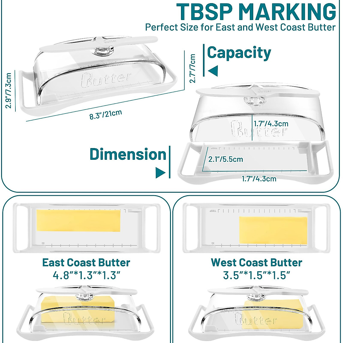 Cnsndqedke Butter Dish with Lid and Knife, Plastic Butter Keeper/Container for Countertop, Easy Scoop, No Mess Lid, BPA-Free, Dishwasher & Refrigerator Safe, Ideal for Home and Camping - White