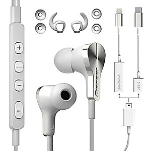 RAYZ Pioneer Pro Lightning & USB-C Earphones/Smart Wired, Active Noise Cancelling Earbuds Microphone Volume Control | for Apple iPhone Mac iPad, Android, Nintendo Switch, Google Pixel - Ice