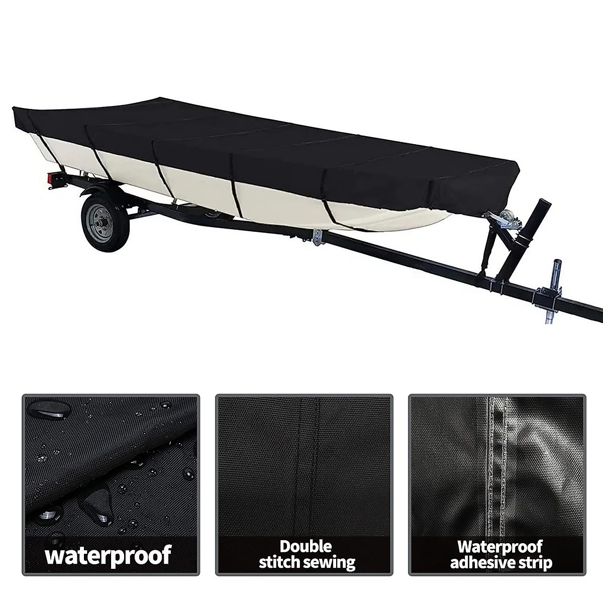 Jon Boat Cover 18 FT Waterproof Trailerable Jon Boat Upgraded Version with Additional Fixing Accessories no Water Accumulation and Windproof (Black, 18ft Long,Beam Width up to 75in)