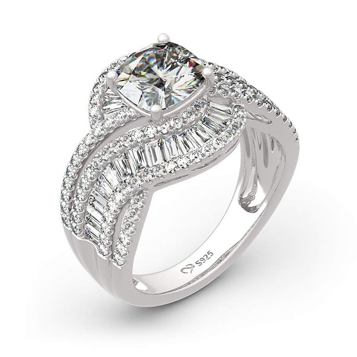 Jeulia 6 Carat Halo Cushion Cut Engagement Ring Vintage 925 Silver Twisted Wedding Rings Cubic Zirconia Eternity Band Rings Anniversary Promise with Jewelry Gift Box (Silver, 7.5)