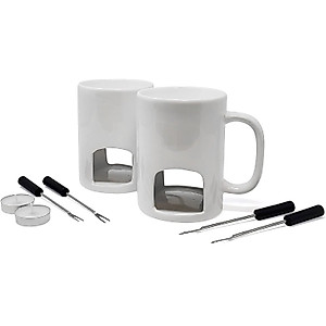 Kovot Personal Fondue Mugs Set of 2 | Ceramic Mugs for Chocolate or Cheese | Includes Forks and Tealights| Double Vented (White)