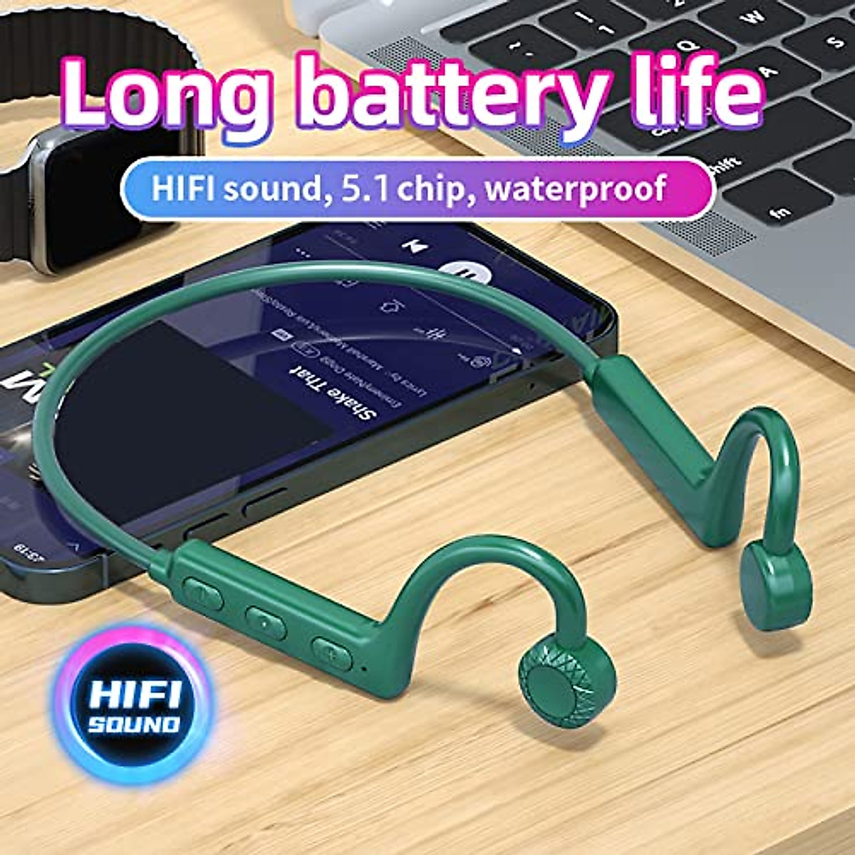 areclern Bone Conduction Earphone Headset IPX5 Wateproof Sport Earbuds Wireless Headphone Non-Slip for Driving Gaming Green