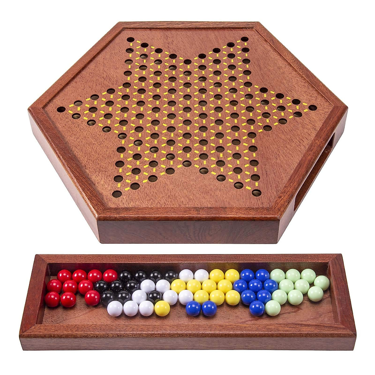 AMEROUS 12.5 inches Wooden Chinese Checkers Set with Storage Drawer - 60 Acrylic Marbles in 6 Colors - 12 Bonus Spare Marbles, Classic Strategy Family Board Game for Kids and Adults