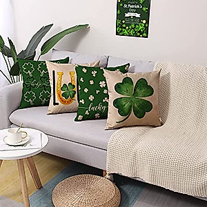 Fjfz St. Patrick's Day Luck Clover Decorative Throw Pillow Covers 20 x 20 Set of 4, Green Shamrock Horseshoe Holiday Porch Patio Home Decor, Irish Lucky in Love Gifts Outdoor Sofa Couch Cushion Case