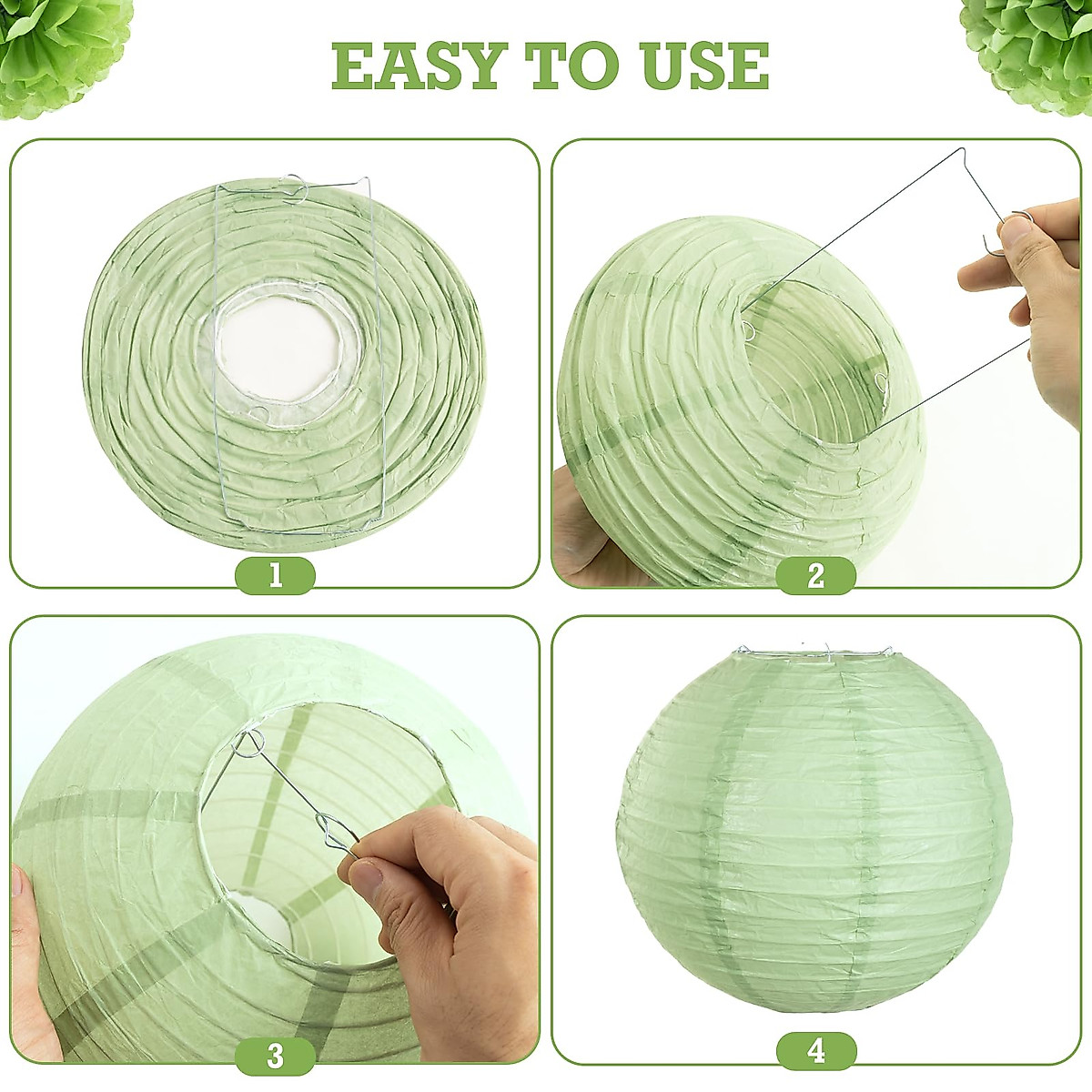 12Pcs Green and Brown Party Decorations Paper Tissue Pom Poms Honeycomb Balls Paper Fans Hanging Deco Green Lanterns for Jungle Safari Summer Birthday Wedding Party