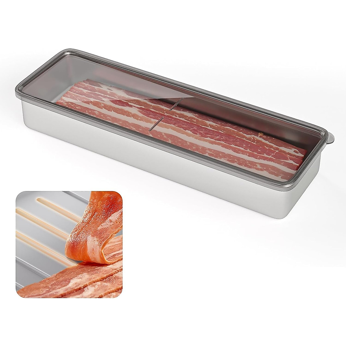 Freshmage Bacon Container for Refrigerator, 304 Stainless Steel Airtight Deli Meat Storage Containers for Fridge Dishwasher Safe Long Kitchen Food Storage Containers with Lids with Elevated Base…