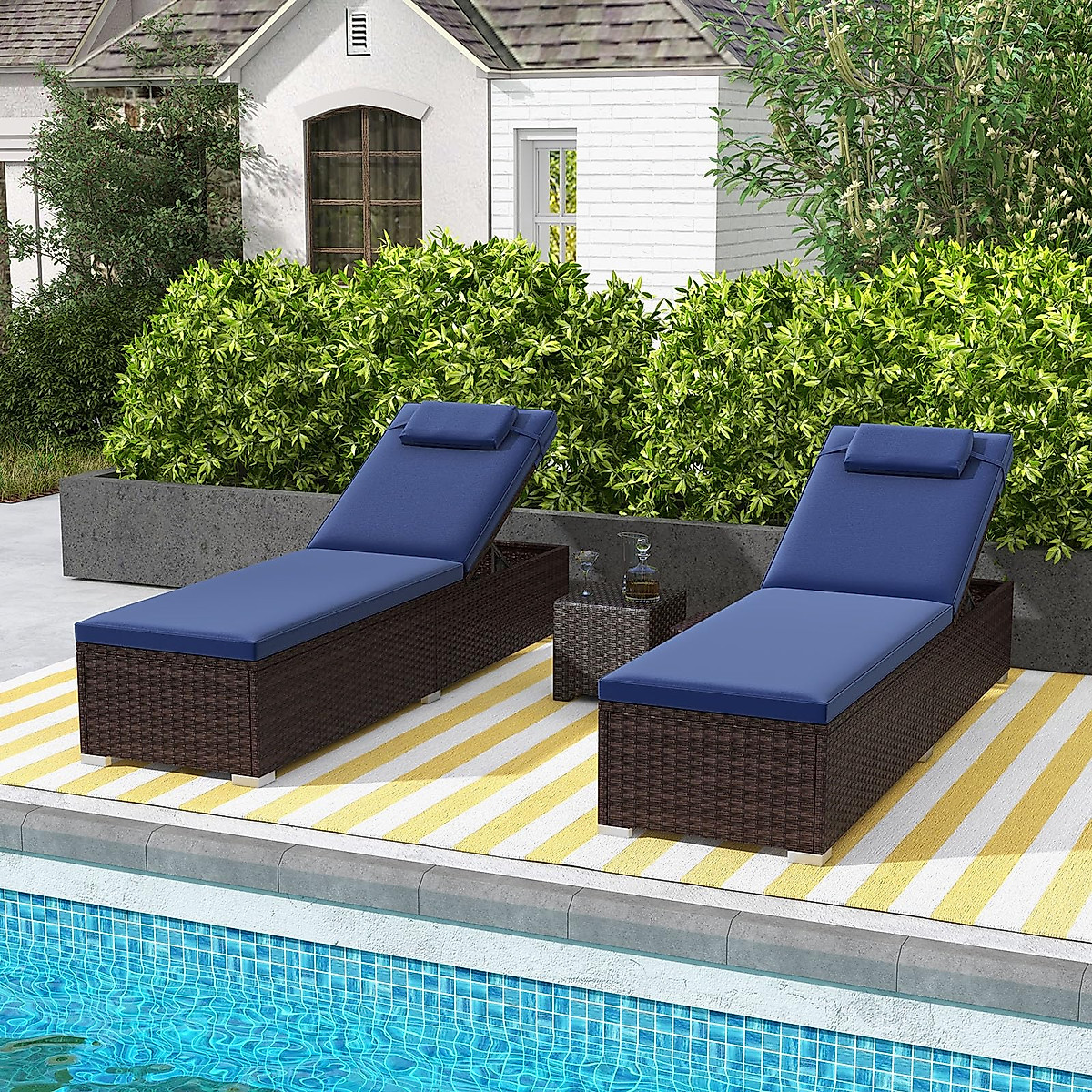 Tangkula Patio Chaise Lounge Set of 2, Outdoor Rattan Lounge Chair with 6-Level Backrest, Comfy Seat Cushion & Headrest, Sturdy Metal Frame, Outside Reclining Chair for Backyard (2, Navy)