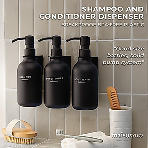 MaisoNovo Shampoo and Conditioner Dispenser - Shower Soap Dispenser Wall Mounted - 16.9 fl oz Set of 3 Black Plastic Bottles Black Pump - Shampoo Dispenser, Shower Dispenser 3 Chamber No Drill
