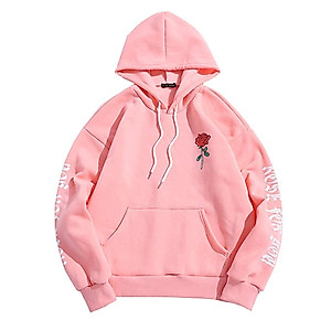 ZAFUL Men's Fleece Hoodie Unisex Rose Letter Print Hooded Pullover Kangaroo Pocket Sweatshirt Pink L