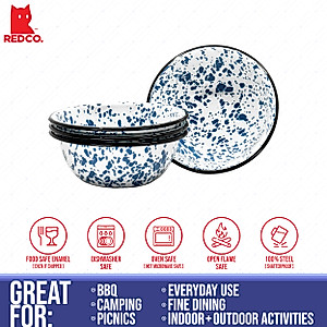 Red Co. Set of 4 Enamelware Metal Classic 20 oz Round Cereal Bowl, Navy Blue Marble/Black Rim - Splatter Design