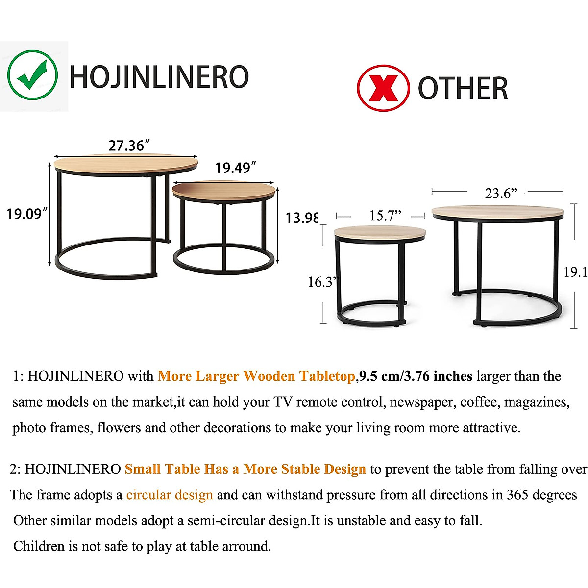 HOJINLINERO Industrial Round Coffee Table Set of 2 End Table for Living Room,Stacking Side Tables, Sturdy and Easy Assembly,Wood Look Accent Furniture with Metal Frame,White+Teak OAKDK