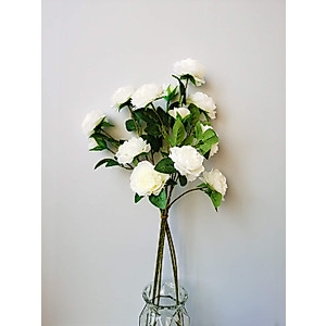 Artfen 5 Pcs Artificial Silk European Rose Flower Peony Flower Long Stem Fake Plastic Flowers Home Garden Party Wedding Decoration DIY Wreath Approx 26'' High White