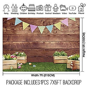 Allenjoy 7x5ft Fabric Spring Easter Backdrops for Girls Photography Wrinkle Free Happy Bunny Rabbit Green Grass Brown Wooden Wall Baby Shower Kid Newborn Portrait Background Photo Studio Shooting