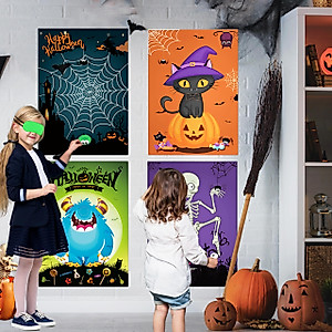BORAMDO Halloween Party Games Halloween Pin The Game Poster with 96 Stickers and 4 Blindfolds, Halloween Pin The Tail Game for Halloween Party Supplies Favors Classroom Games