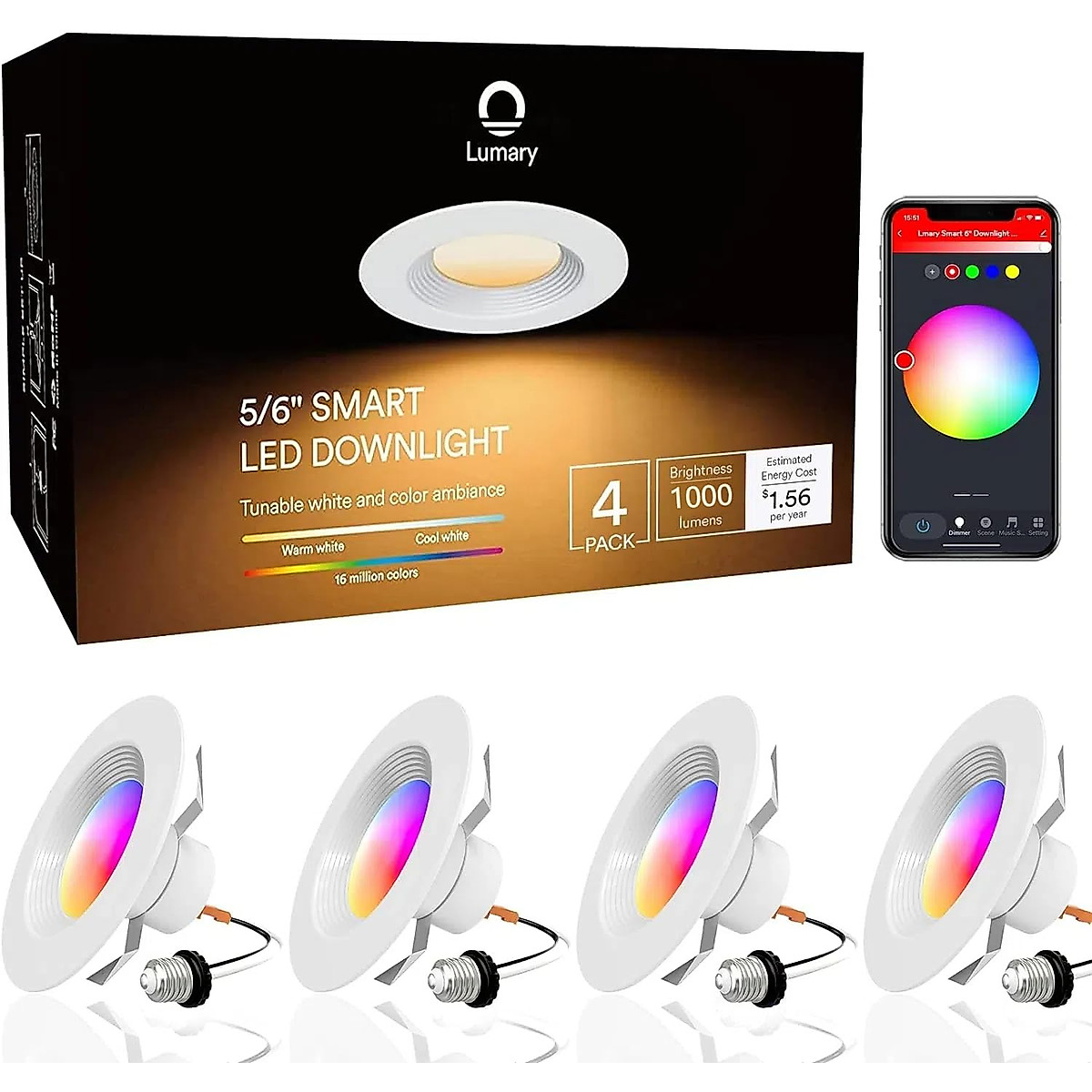 Lumary 5/6 Inch WiFi Smart LED Can Lights Retrofit Recessed Lighting - 13W 1100LM RGB Color Changing Downlight, Baffle Trim, Work with Alexa/Google Assistant/Siri, Bedroom, Kitchen, Living Room 4 Pcs