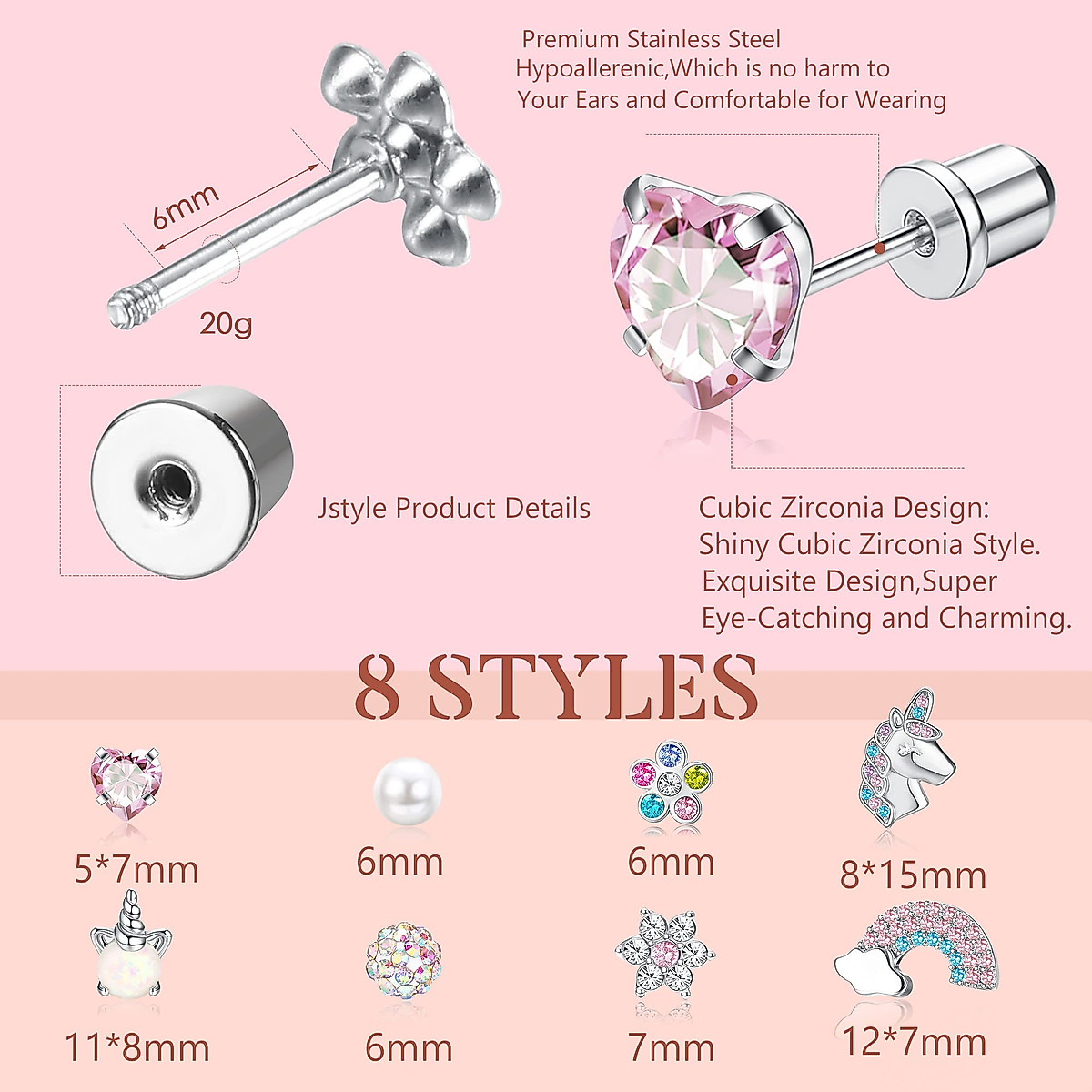 Jstyle 8 Pairs Cute Screw Back Earrings for Girls Women Pink CZ Heart Unicorn Stud Earrings Stainless Steel Flower Ball Screwback Earrings Set