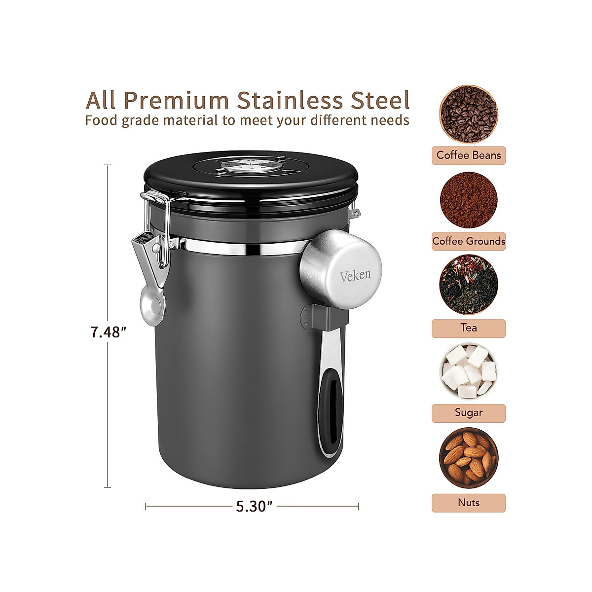 Veken Coffee Canister, Airtight Stainless Steel Kitchen Food Storage Container with Date Tracker and Scoop for Grounds Coffee, Beans, Tea, Flour, Cereal, Sugar, 22OZ, Gray