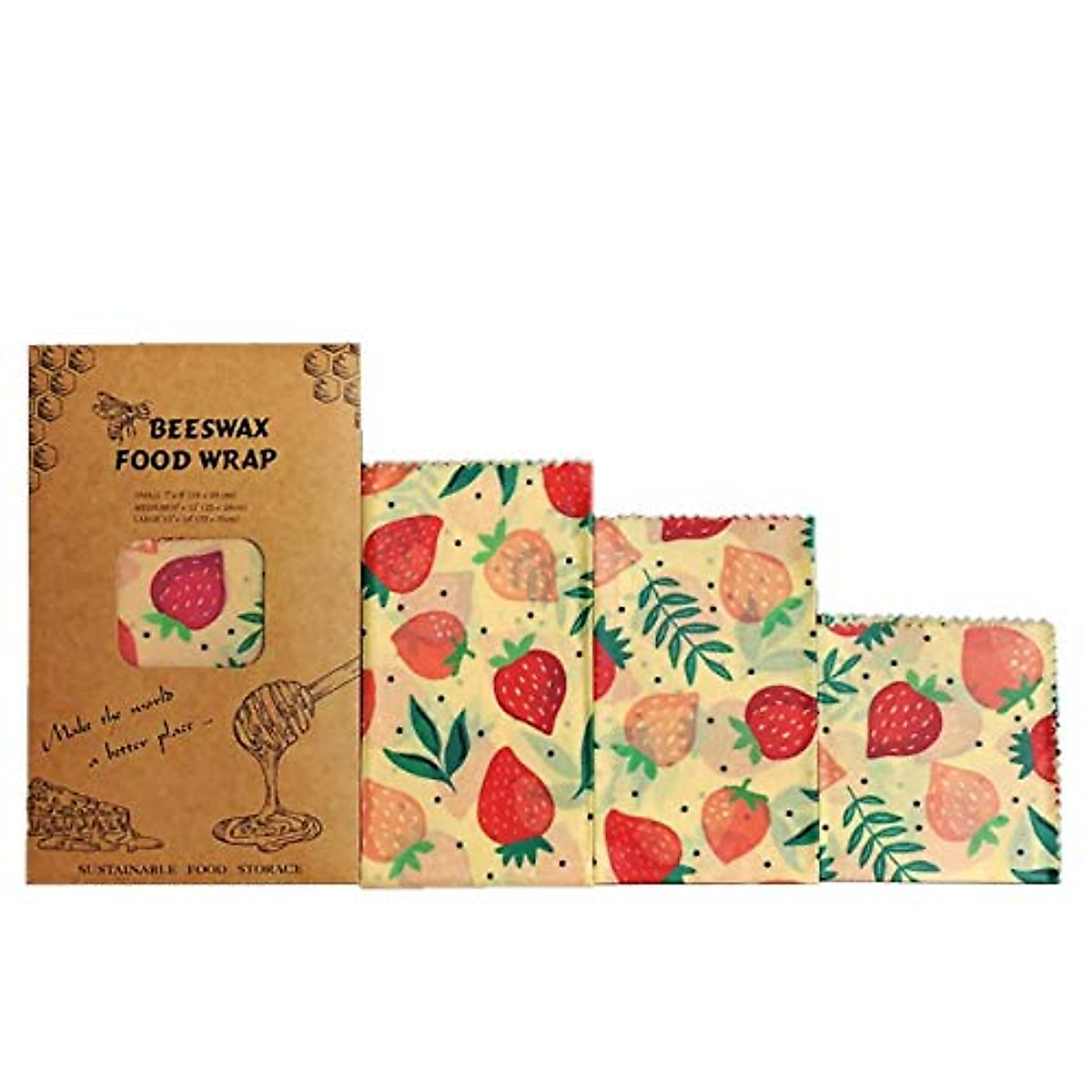 VOVOLO (Strawberry Print 3 Pack S/M/LReusable Beeswax Food Wraps Eco Friendly Wrappers Sustainable Plastic Free Food Storage Washable Bowl Covers Sandwich Wrappers