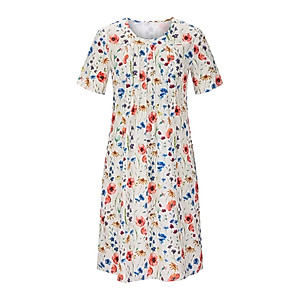 Floral Printed Casual Dress for Women Summer Crewneck Short Sleeve Swing Pleated Midi Dress Beach Party Sundress White