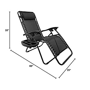 EasyGo Product Zero Gravity Lawn Lounge Pillow and Cup Holder Furniture Outdoor Adjustable Dining Reclining Folding Chairs for Deck Patio Beach Yard, 1 Pack Black