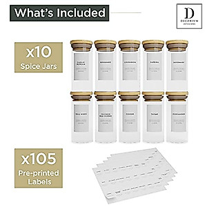 Decorium Interiors Bamboo Spice Jars (10 Pack, 6oz) – Glass Jars with Bamboo Lids - Spice Containers with Bamboo Lids w/ 105 Pre-Printed Labels – Lead-Free Bamboo Jars for Storing Spices & More