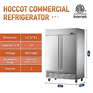 HOCCOT Commercial Refrigerator 54” Two Solid Door Reach-In Cooler, Stainless Steel 2 Sections Air-cooled Refrigerator with Adjustable +33°F~+41°F Temp Range in LCD Display, 49 Cu.Ft for Restaurant