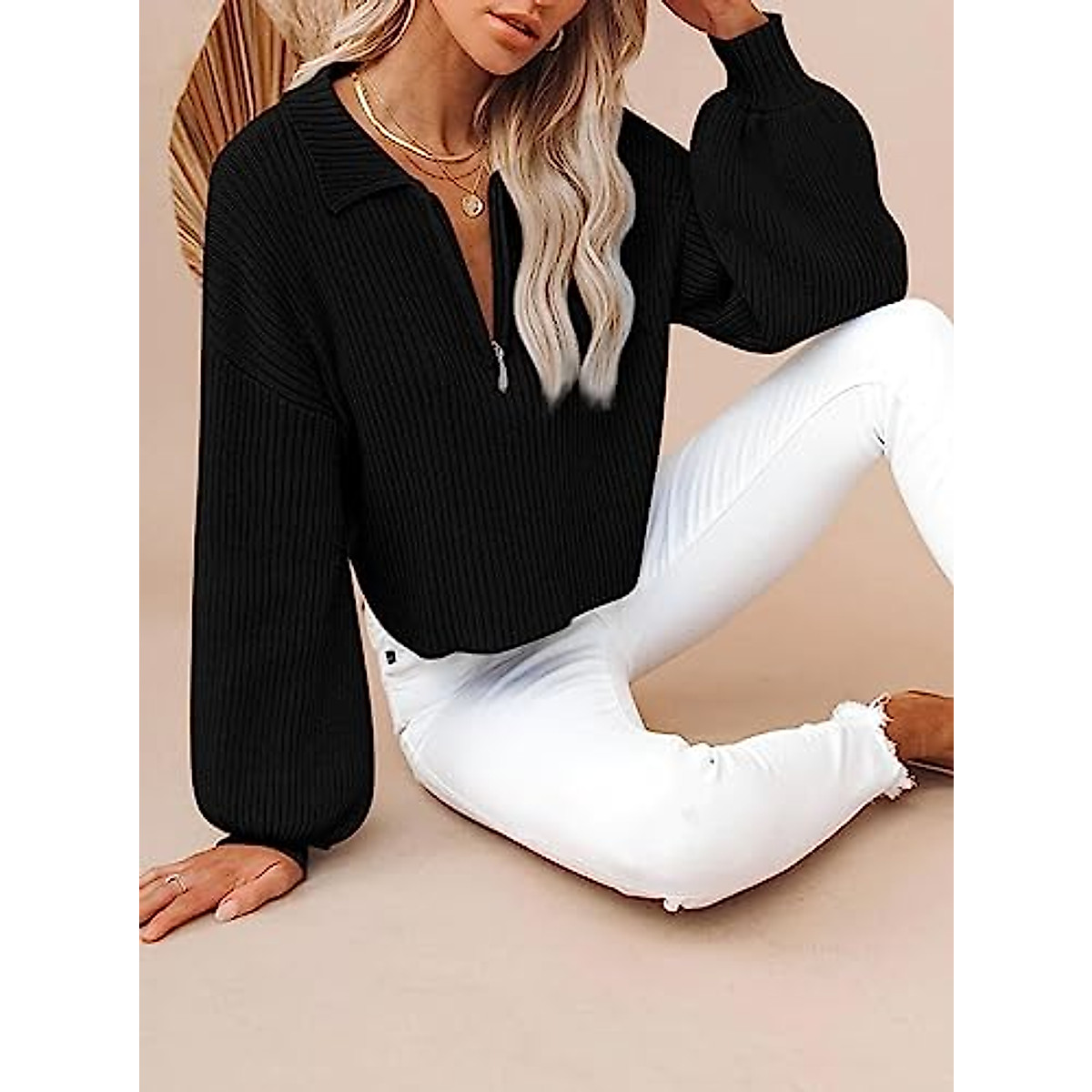 Pink Queen Women's 2023 Fashion V Neck Collared Crop Sweaters Casual Loose Lantern Long Sleeve Half Zip Slouchy Ribbed Knit Jumper Tops Black L