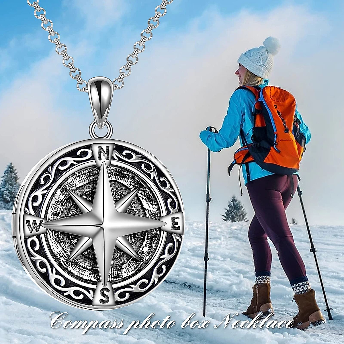SHEAISRS Compass Locket Necklace for Men Graduation Gifts Photo Locket Necklace Women Son Father 20+2inch