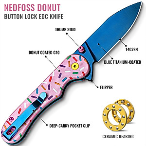 NedFoss DONUT Pink Pocket Knife for Women Men, 2.96" Blade Small EDC Knife, 14C28N Steel Button Lock Knife, Unique Donut Design G10 Handle Folding Utility Knife