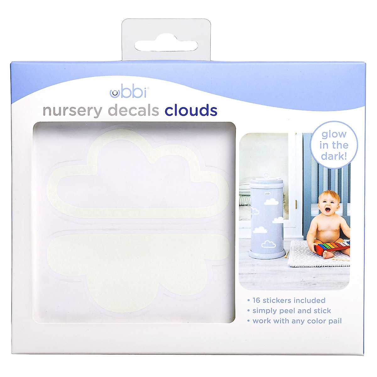 Ubbi Glow-in-The-Dark Cloud Peel and Stick Decal Stickers, Decorative Sticker for Diaper Pail or Baby Nursery