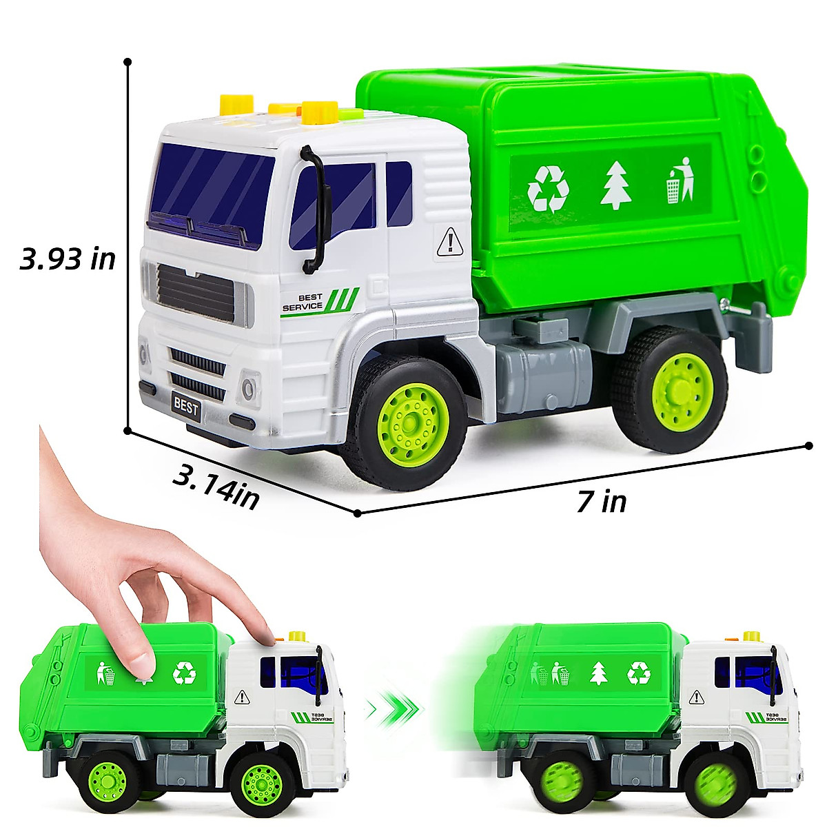 12" Large Recycling Garbage Truck Toy with Lights & Sounds - Friction Powered Realistic Dump Truck with Pull-Back Tailgate, 4 Trash Bins & Trash Cards, Birthday Gift for Boys Aged 3-7
