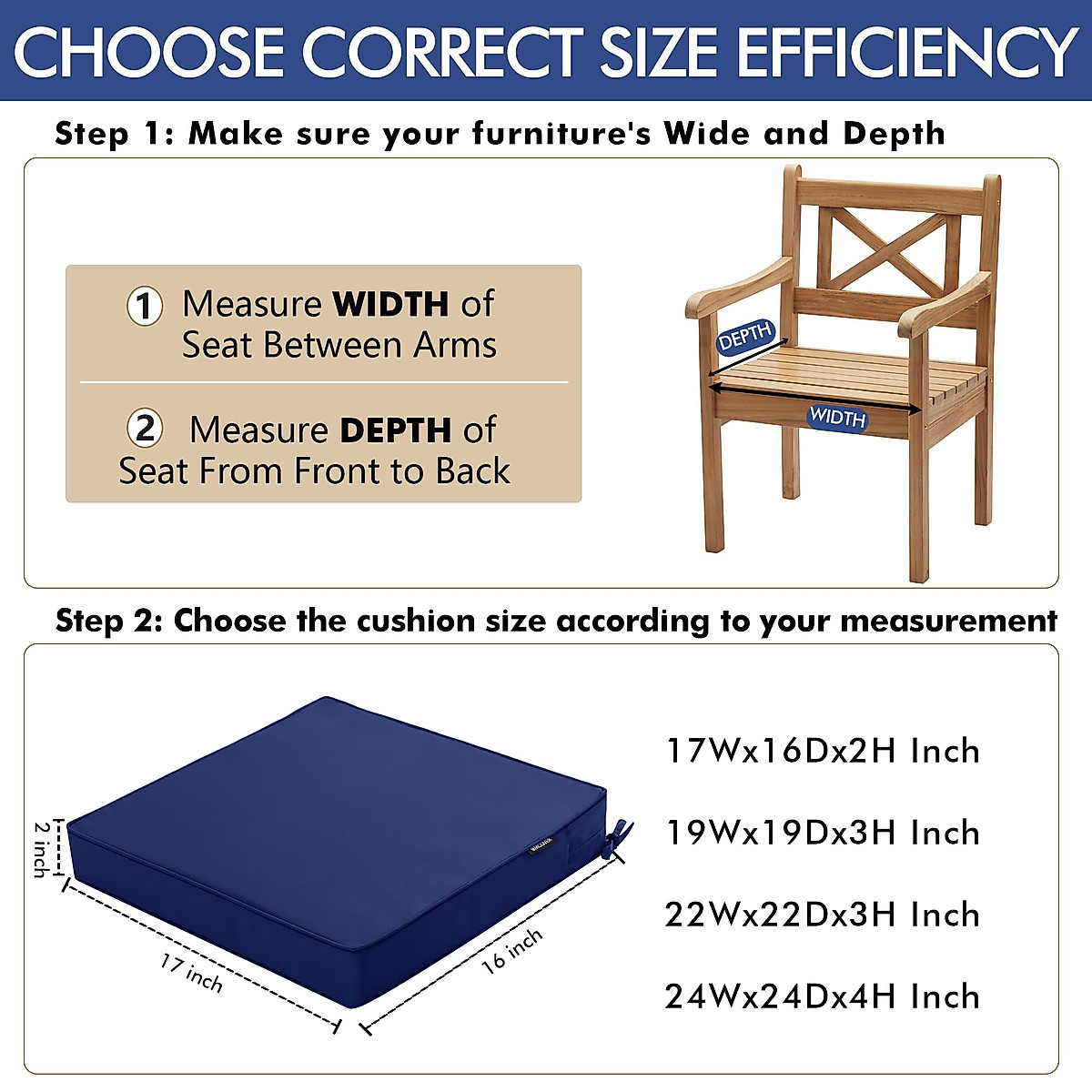 Comcaver Outdoor Chair Cushions 16 x 17 Inch Waterproof Patio Chair Cushions with Tie 5 Year Color Fastness Thick Outdoor Seat Cushion for Garden Lawn Patio Furniture Navy Set of 2