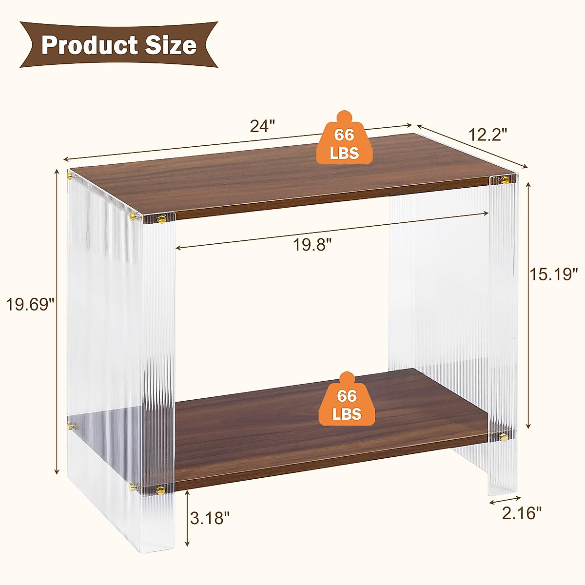 HaiQiwawo Walnut Narrow End Table, Modern Acrylic Sofa Side Table, Small Accent Table, 2-Tier Nightstand Bedside Table for Small Space Bedroom Hallway (Walnut Rectangle Shape)