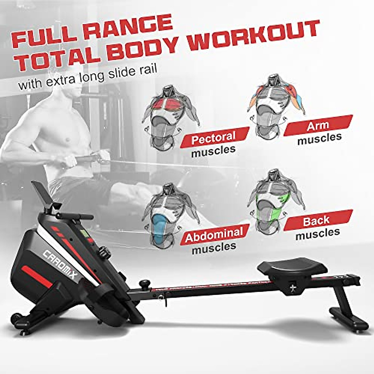 Caromix Rowing Machine Magnetic Row Machine Foldable Rower with 8 Level Adjustable Quiet Magnetic Resistance, Ergonomic Seat & LCD Monitor (Black)