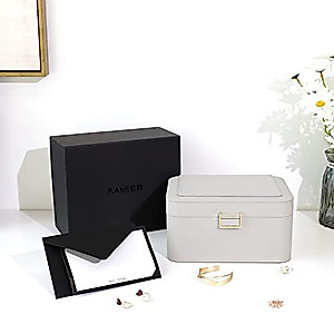 KAMIER Jewelry Organizer,2 Layer Jewelry Organizer Box for Earrings Bracelets Rings Necklaces,Luxury Leather & Soft Velvet Lined,Gift Box Packaging,Gray