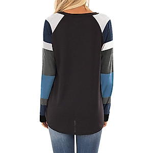 HARHAY 2023 Women's Cotton Knitted Long Sleeve Lightweight Tunic Sweatshirt Tops B-Black&blue Stripe L