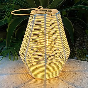 Rattan Outdoor Solar Lantern - Waterproof Hanging Table Solar Lanterns - White Woven Decorative Solar Lamp Lights with Handle for Patio Yard Garden Decoration (Edison Bulb)