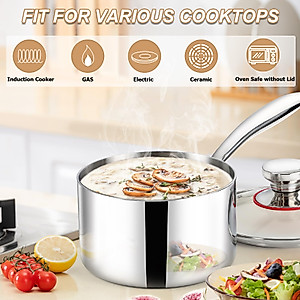 TeamFar Saucepan with Lid, 1qt & 3qt Stainless Steel Tri-ply Sauce Milk pan Small Cooking Pot for Induction/Gas/Electric/Ceramic, Healthy & Heavy Duty, Ergonomic Handle & Dishwasher Safe – Set of 2