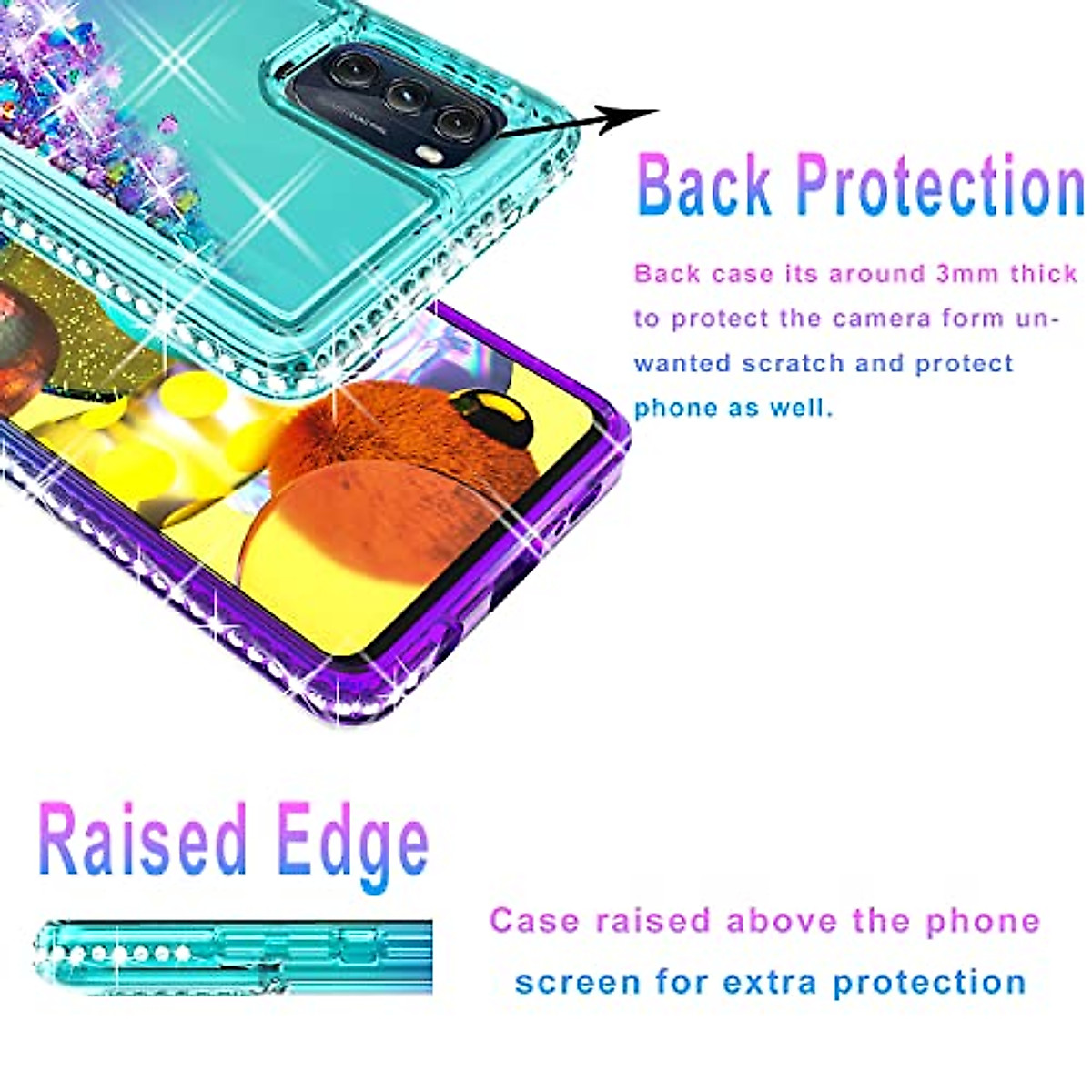 STARSHOP Moto G Stylus 5G 2022 Phone Case, with [Tempered Glass Screen Protector Included] Liquid Bling Sparkle Floating Glitter Quicksand Cover Girls Women for Motorola G Stylus 5G 2022- Teal/Purple