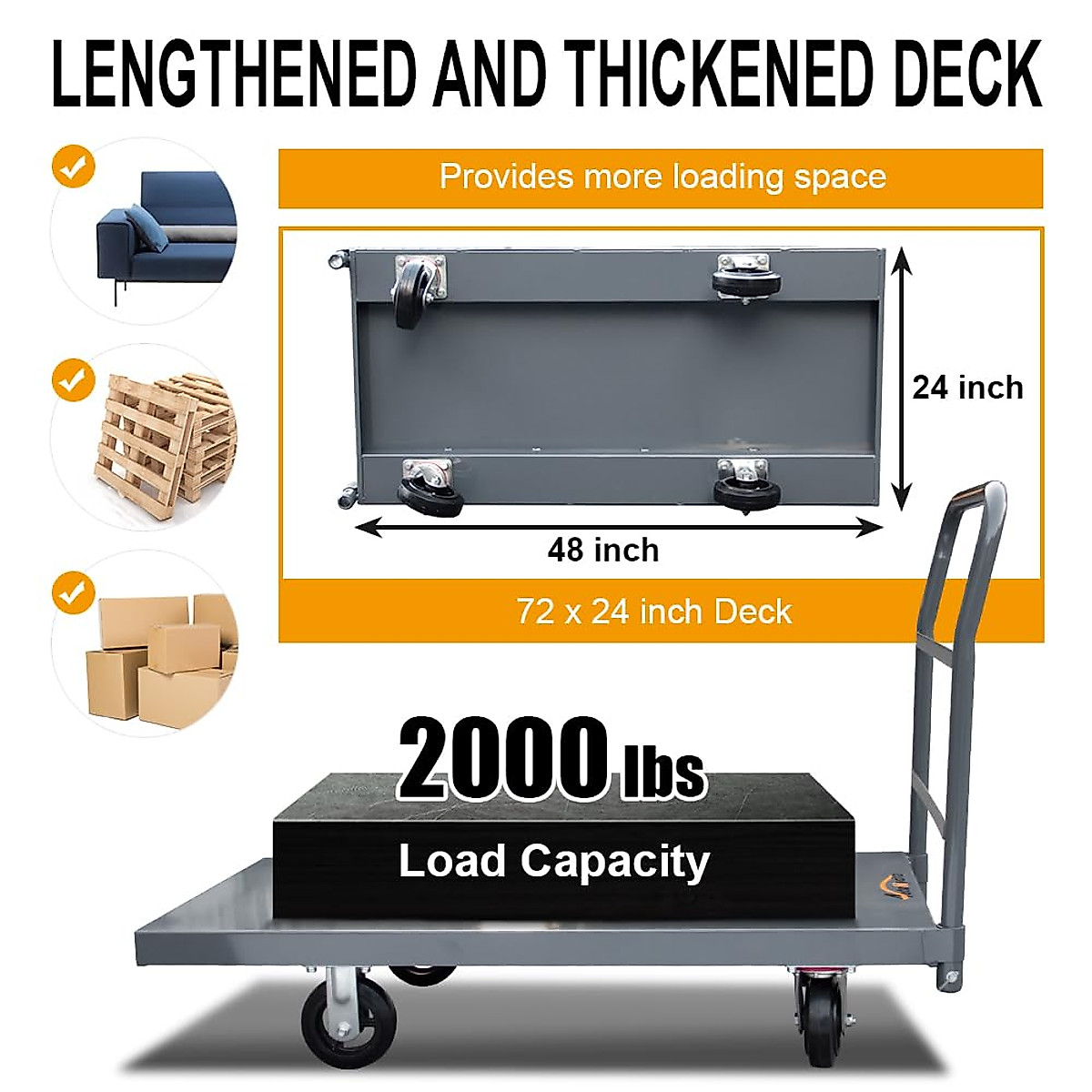 DMC-FPPS 48" L x 24" W Steel Platform Truck 2000 Lb. Loading Capacity Heavy Duty Flatbed Hand Truck Utility Push Cart with 6"x4" Rubber Casters